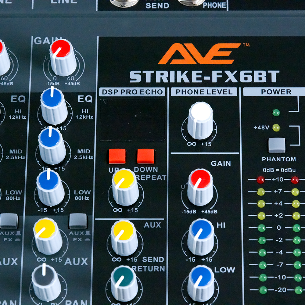 AVE Strike-FX 6 Bluetooth PA Mixer with FX & USB – 6 Channel – AVECorp