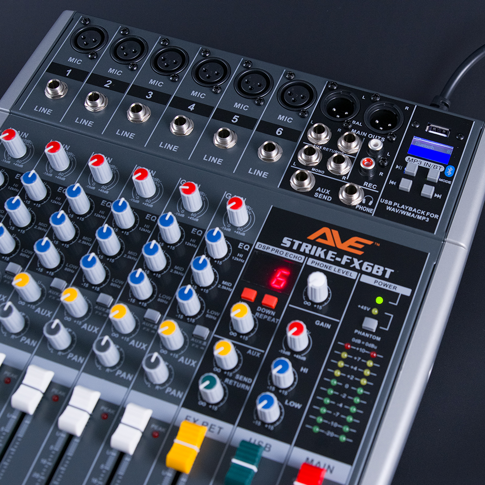AVE Strike-FX 6 Bluetooth PA Mixer with FX & USB – 6 Channel – AVECorp