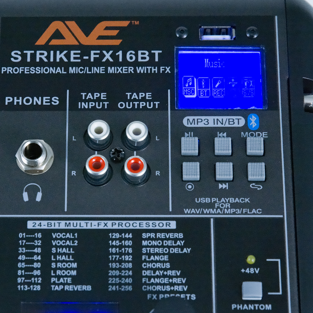 AVE Strike-FX 16 Bluetooth PA Mixer with FX & USB – 18 Channel – AVECorp
